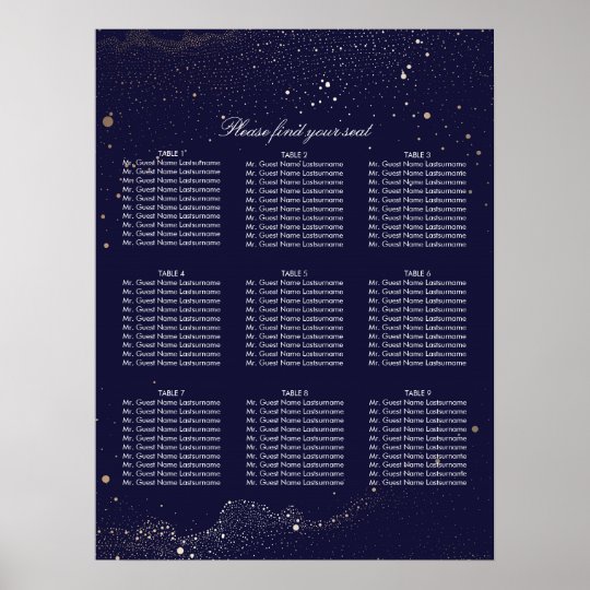 Gold and Navy Night Stars Wedding Seating Chart | Zazzle.com