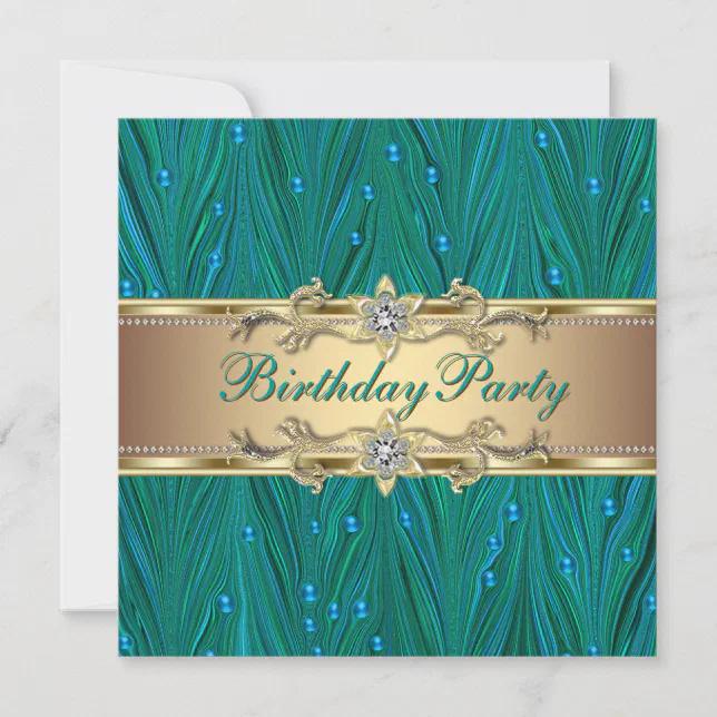 Gold and Peacock Teal Blue Birthday Party Invitation | Zazzle