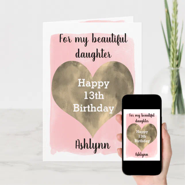 Gold and Pink 13th Birthday Daughter Card | Zazzle