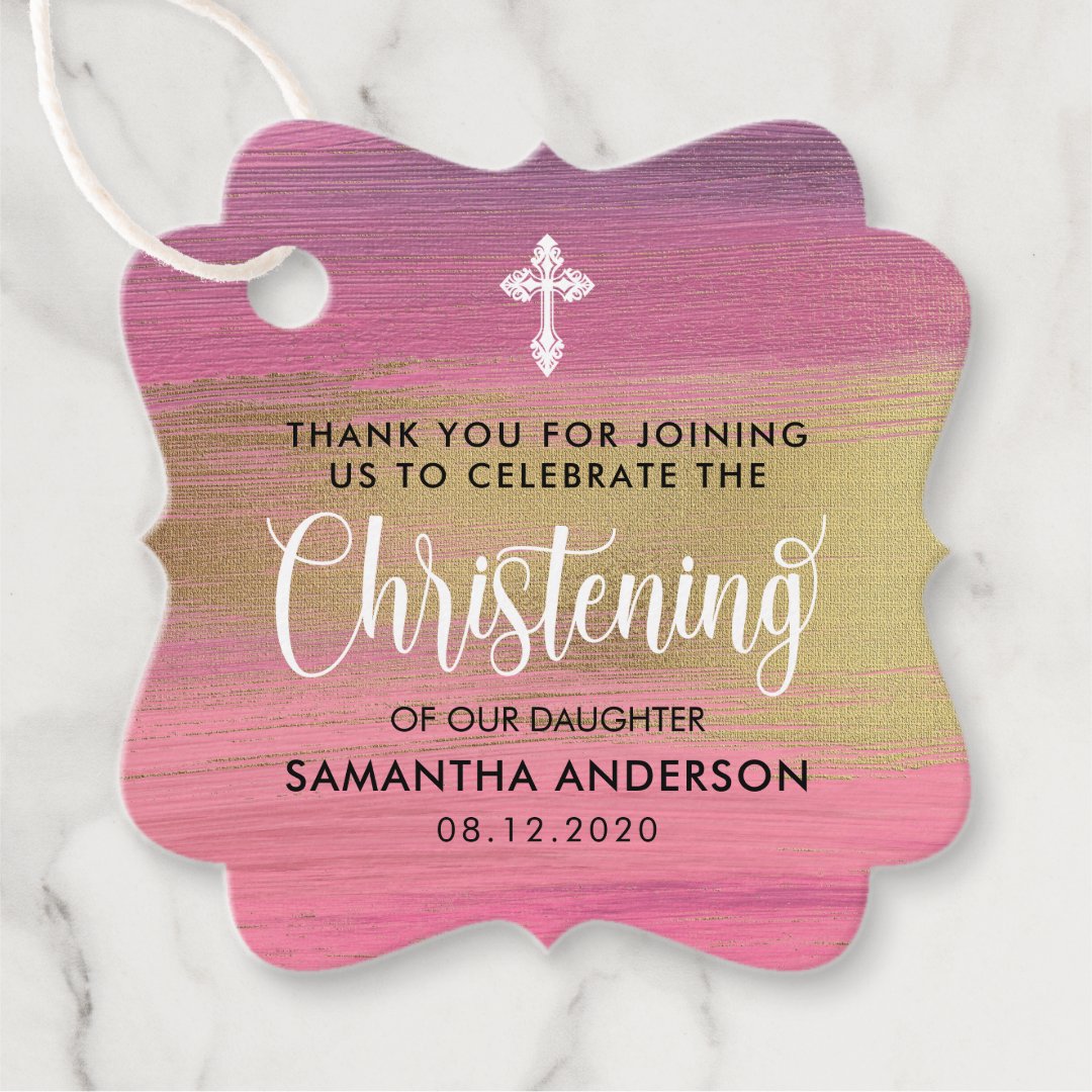 Gold And Pink Abstract Girl Christening Thank You Favor Tags | Zazzle
