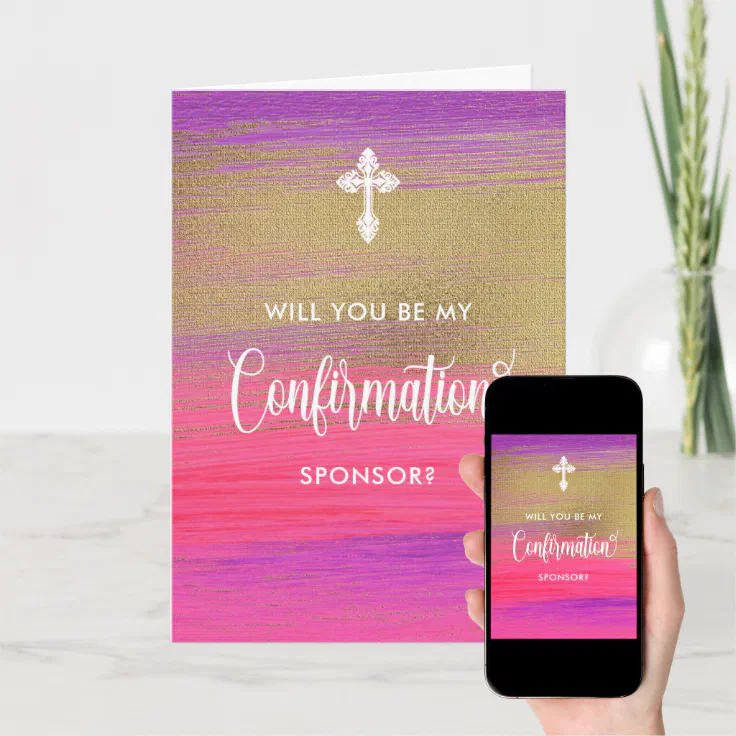 Gold And Pink Confirmation Sponsor Request Card | Zazzle