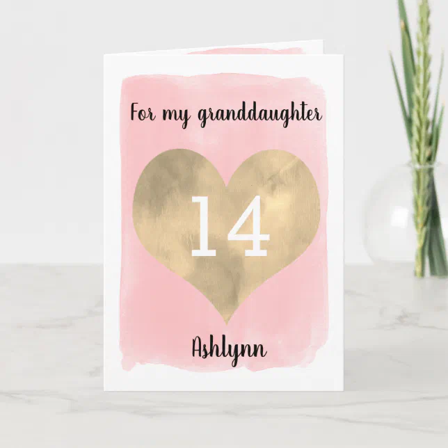 Gold and Pink Happy 14th Birthday Granddaughter Card | Zazzle