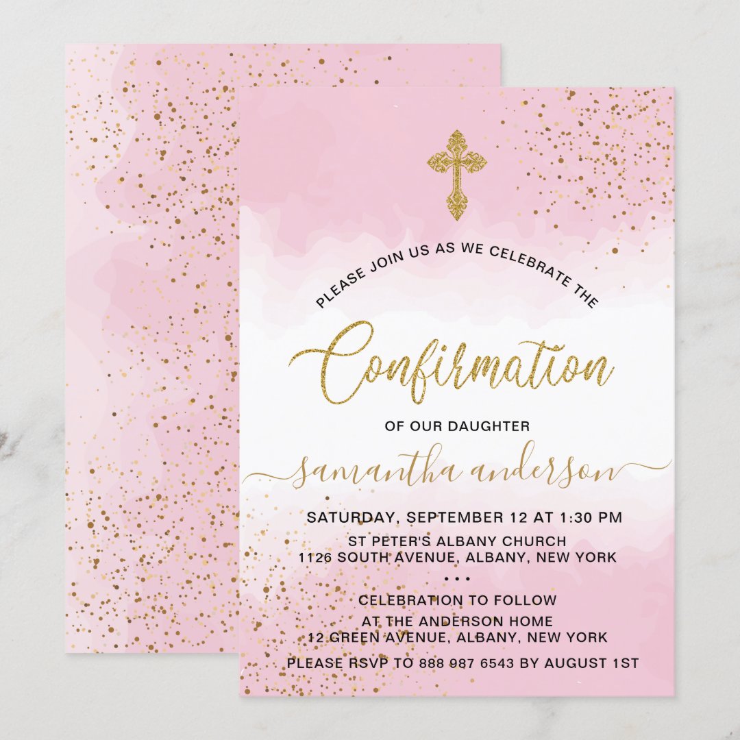 Gold And Pink Watercolor Girl Confirmation Invitation | Zazzle