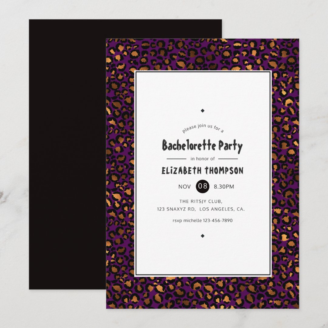 Gold and Purple Leopard Bachelorette Party Invitation | Zazzle