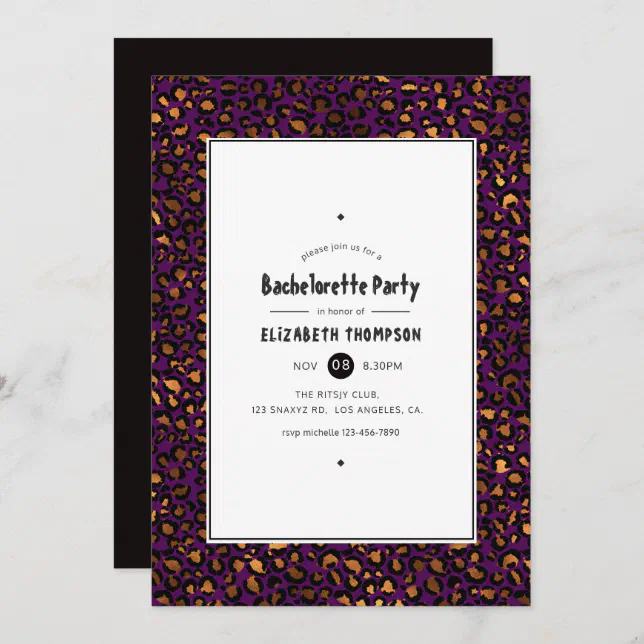 Gold and Purple Leopard Bachelorette Party Invitation | Zazzle