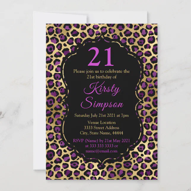 Gold and Purple Leopard Print Birthday Party Invitation | Zazzle