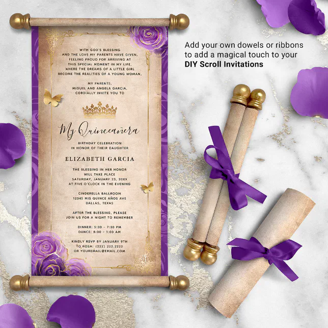 Gold and Purple Quinceanera DIY Scroll Invitations | Zazzle