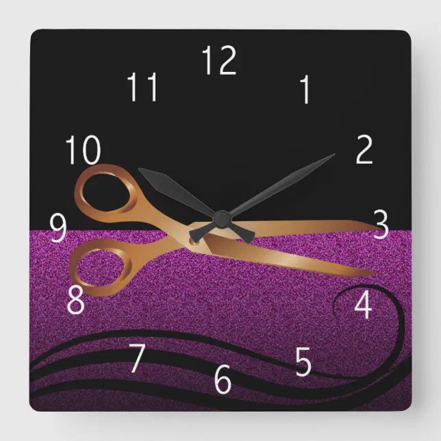 Gold and purple stylish hair salon clock | Zazzle