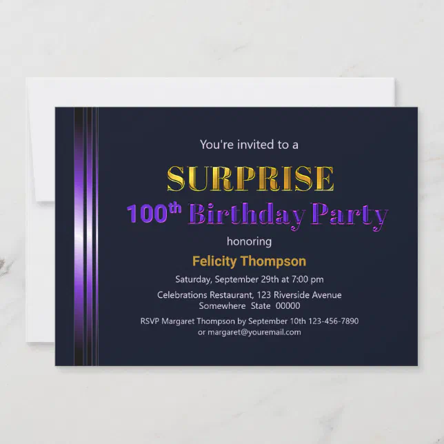 Gold and Purple Surprise 100th Birthday Party Invitation | Zazzle