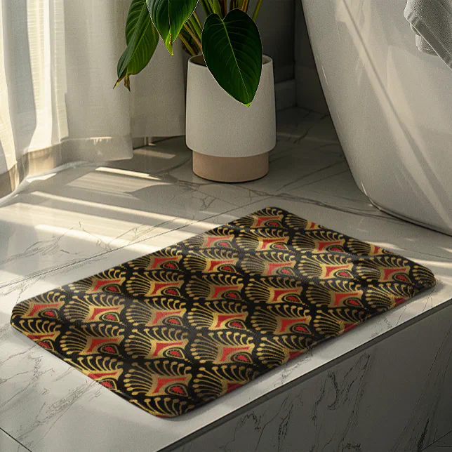 Gold and red Art Deco pattern Bath Mat | Zazzle