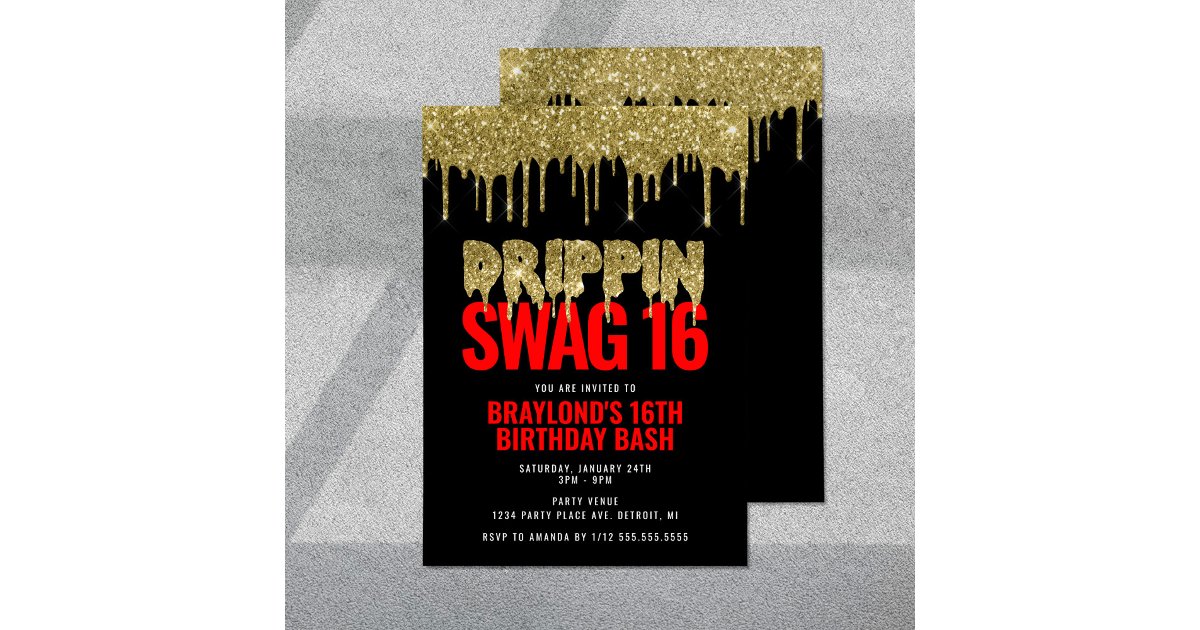 Gold and Red Drippin Swag 16 Birthday Invitation | Zazzle