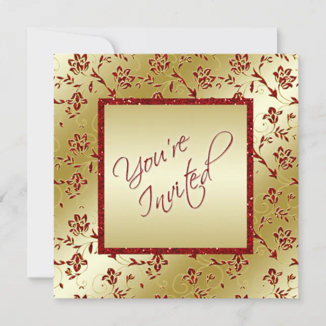Gold and Red FAUX Glitter Wedding Invitation | Zazzle