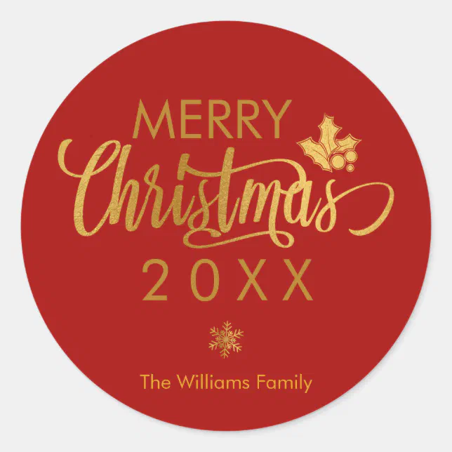Gold and Red Merry Christmas Custom Holiday Classic Round Sticker | Zazzle