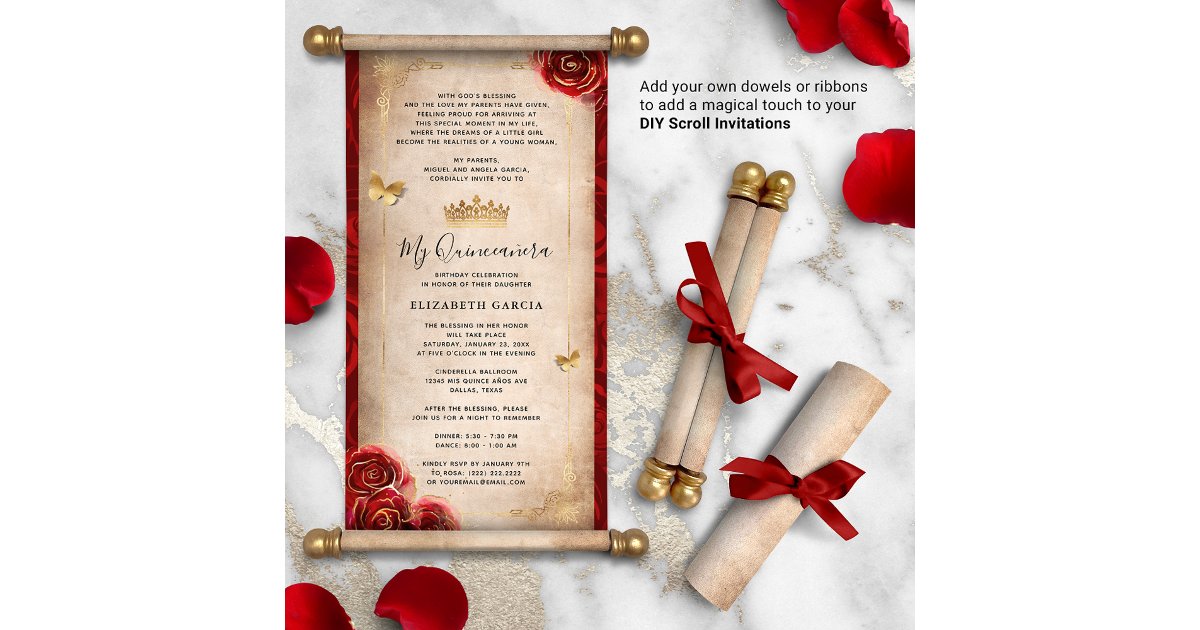 Gold and Red Quinceanera DIY Scroll Invitations | Zazzle