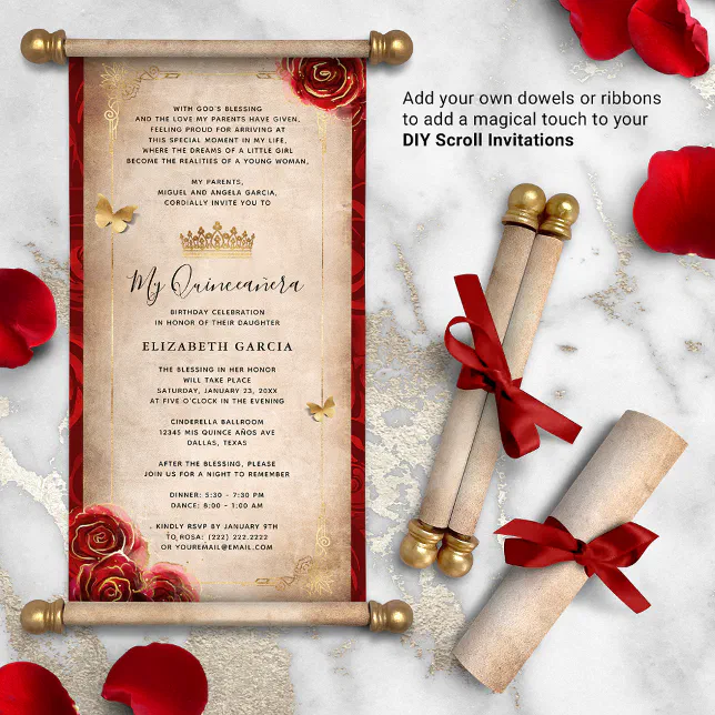 Gold and Red Quinceanera DIY Scroll Invitations | Zazzle