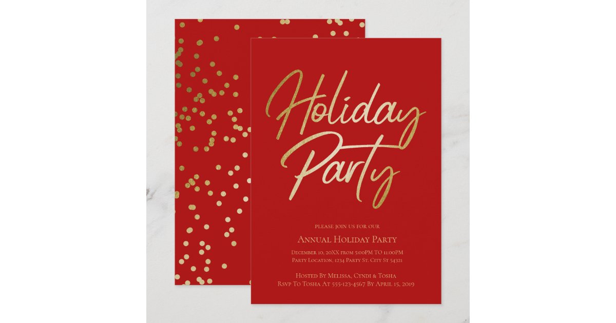 Gold and Red Sparkling Holiday Party Invitations | Zazzle