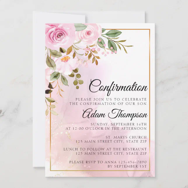 Gold and Rose Marble Pink Confirmation Invitation | Zazzle
