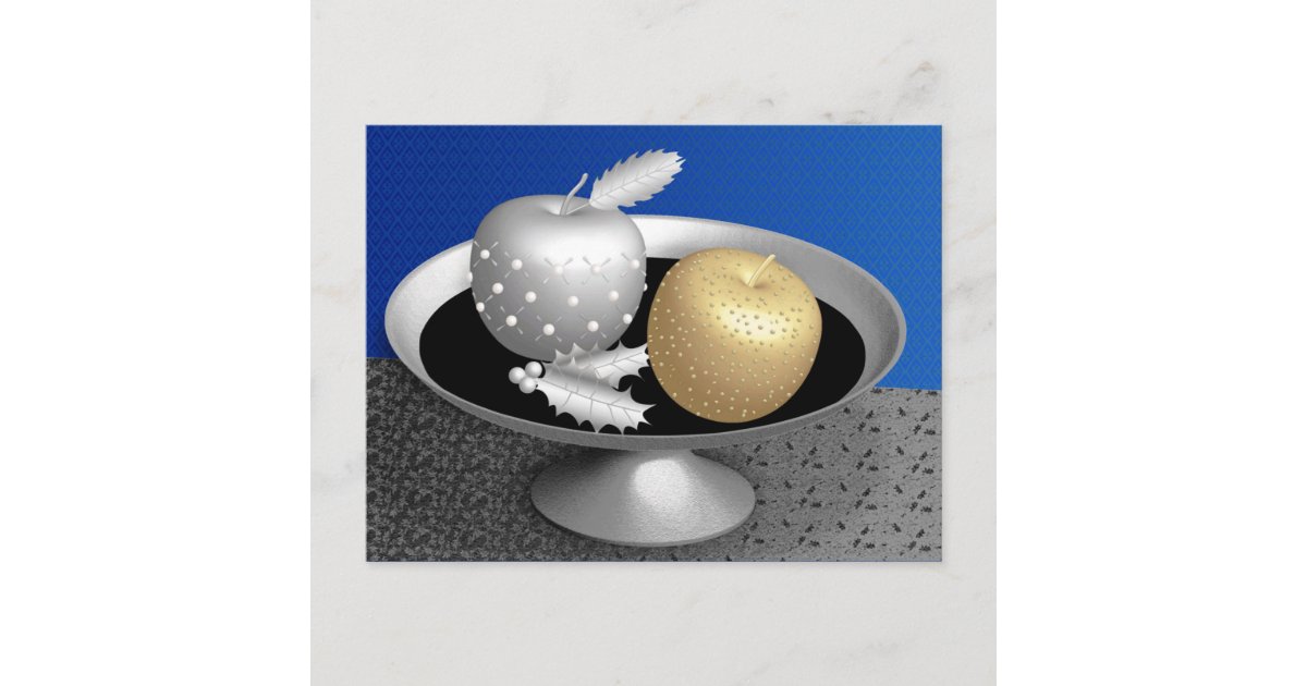 Gold and silver apples on a silver pedestal postcard | Zazzle