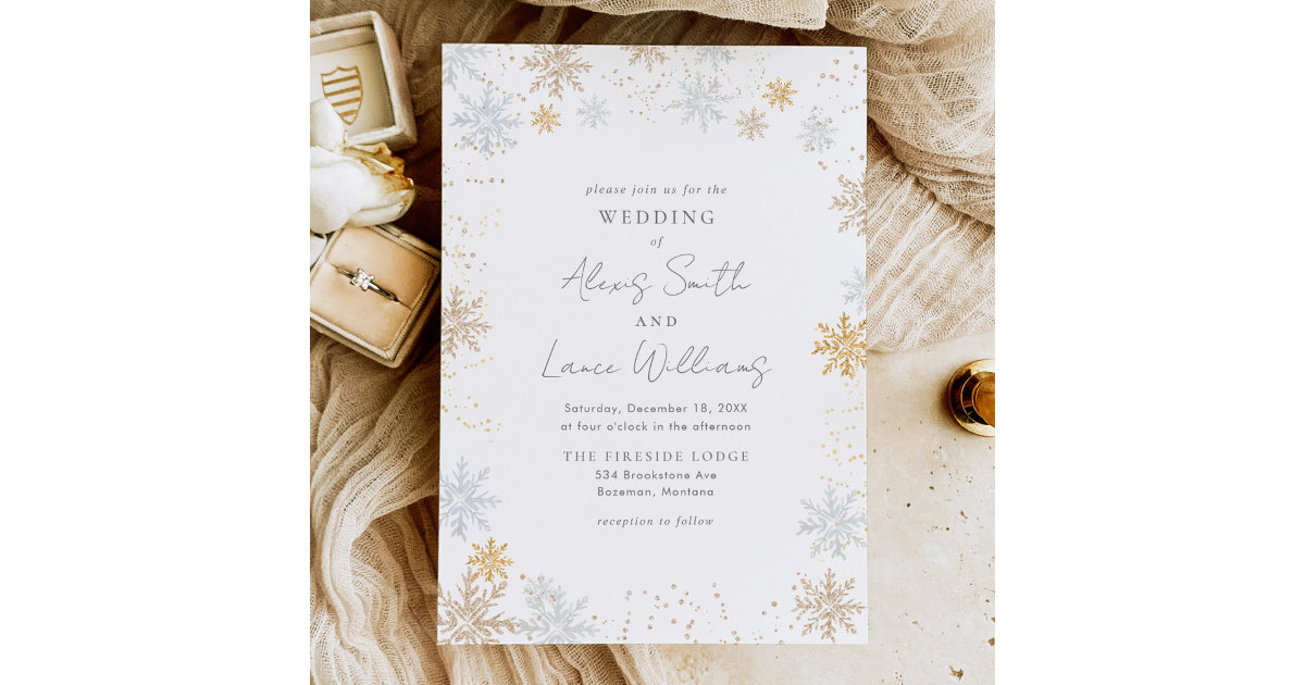 Gold and Silver Snowflakes Wedding Invitation | Zazzle