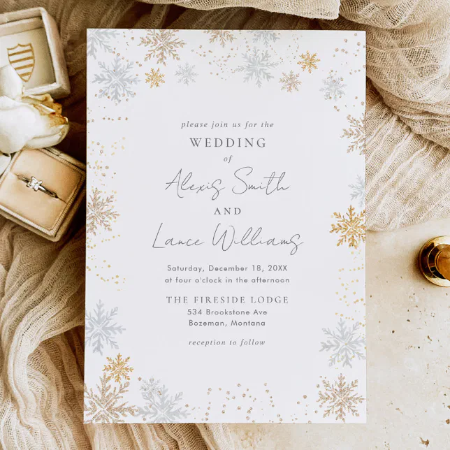 Gold and Silver Snowflakes Wedding Invitation | Zazzle