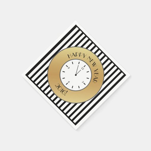 Gold and Stripes Clock Midnight Happy New Year Paper Napkins | Zazzle