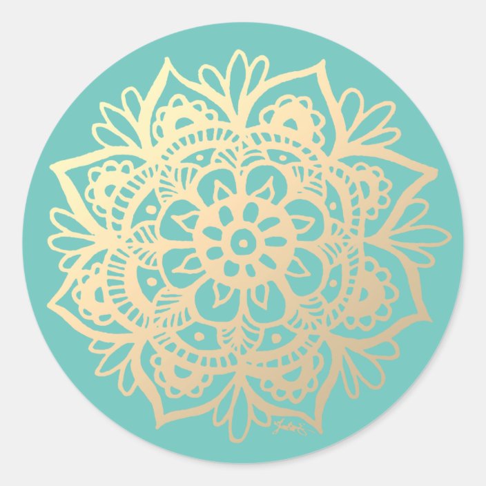 Gold and Teal Mandala Flower Classic Round Sticker | Zazzle.com