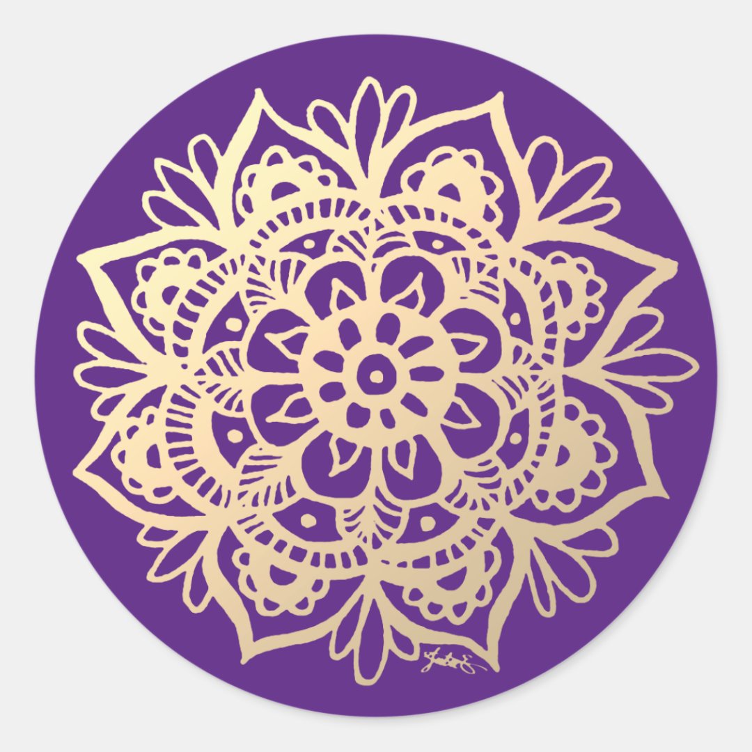 Gold and Violet Mandala Flower Classic Round Sticker | Zazzle