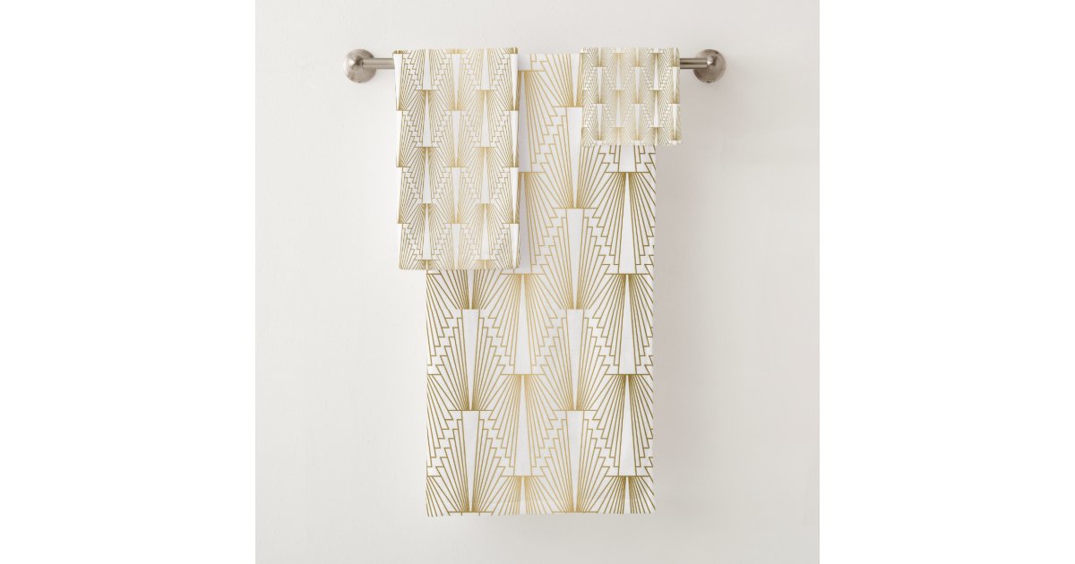 Gold and white Art Deco geometric pattern Bath Towel Set | Zazzle
