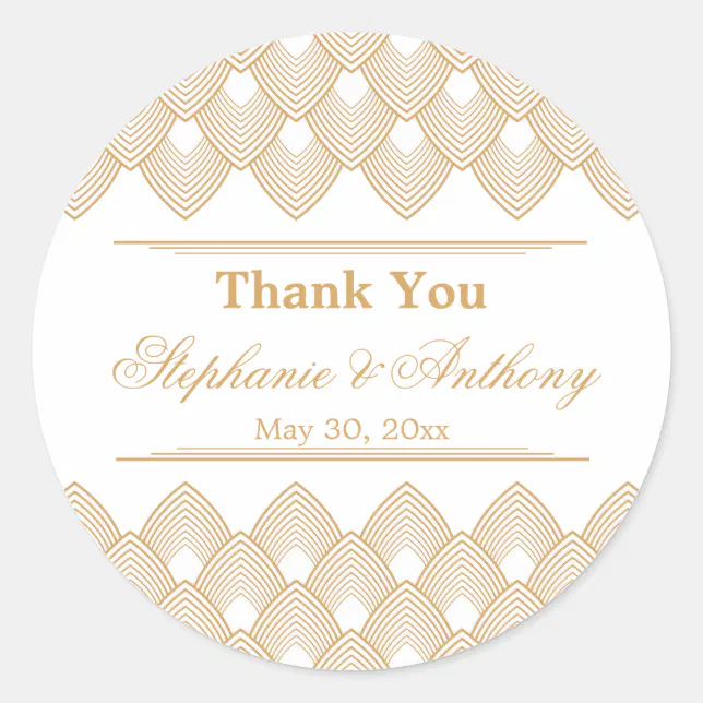 Gold and White Art Deco Pattern Wedding Classic Round Sticker | Zazzle