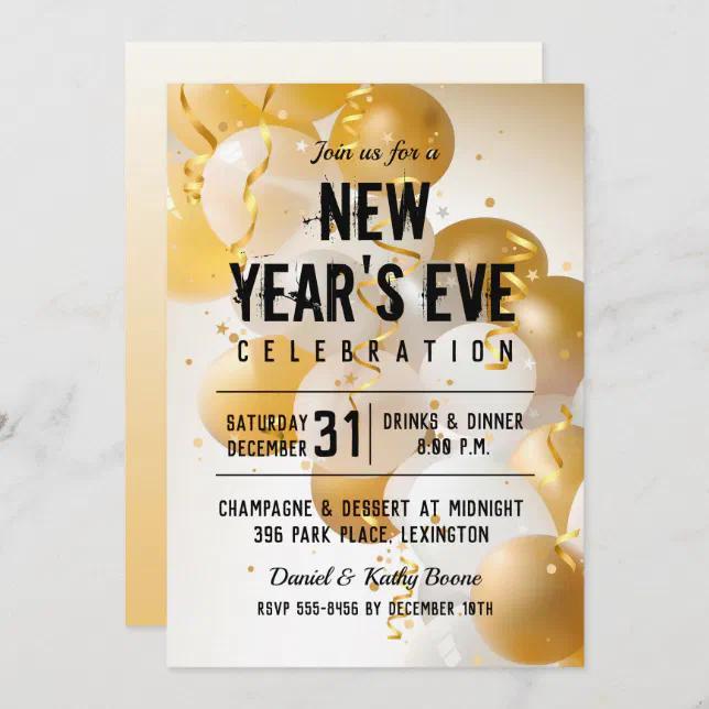Gold and White Balloons New Year's Eve Invitations | Zazzle