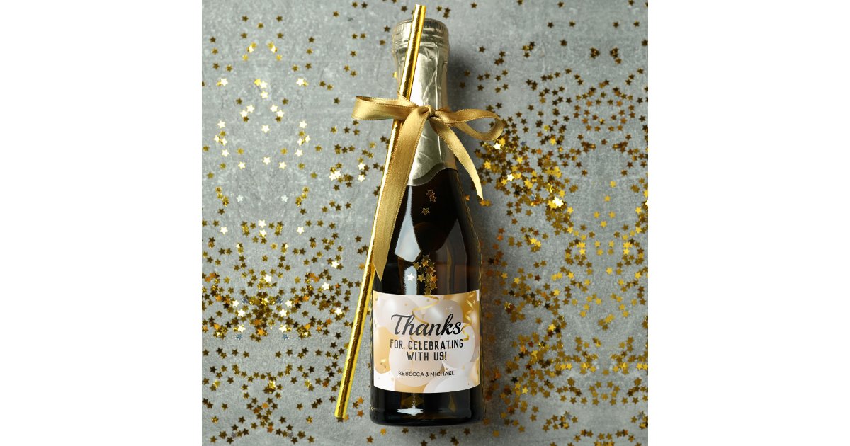 Gold and White Balloons Streamers Mini Sparkling Wine Label | Zazzle