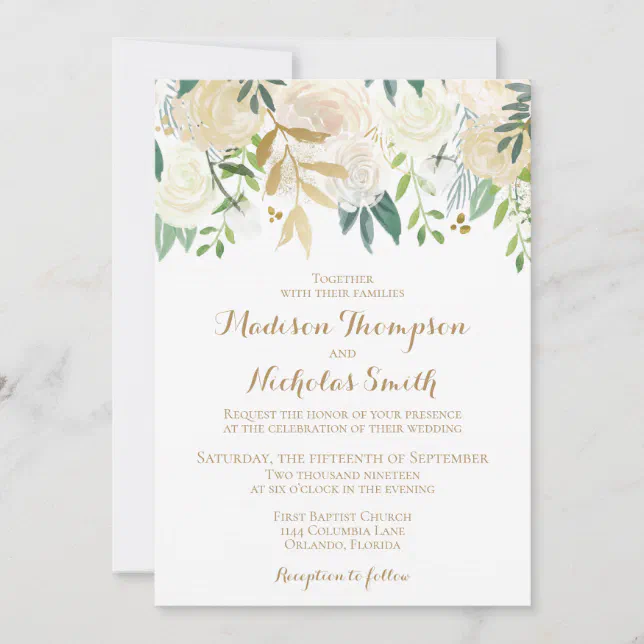 Gold and White Flower Wedding Invitation Card | Zazzle
