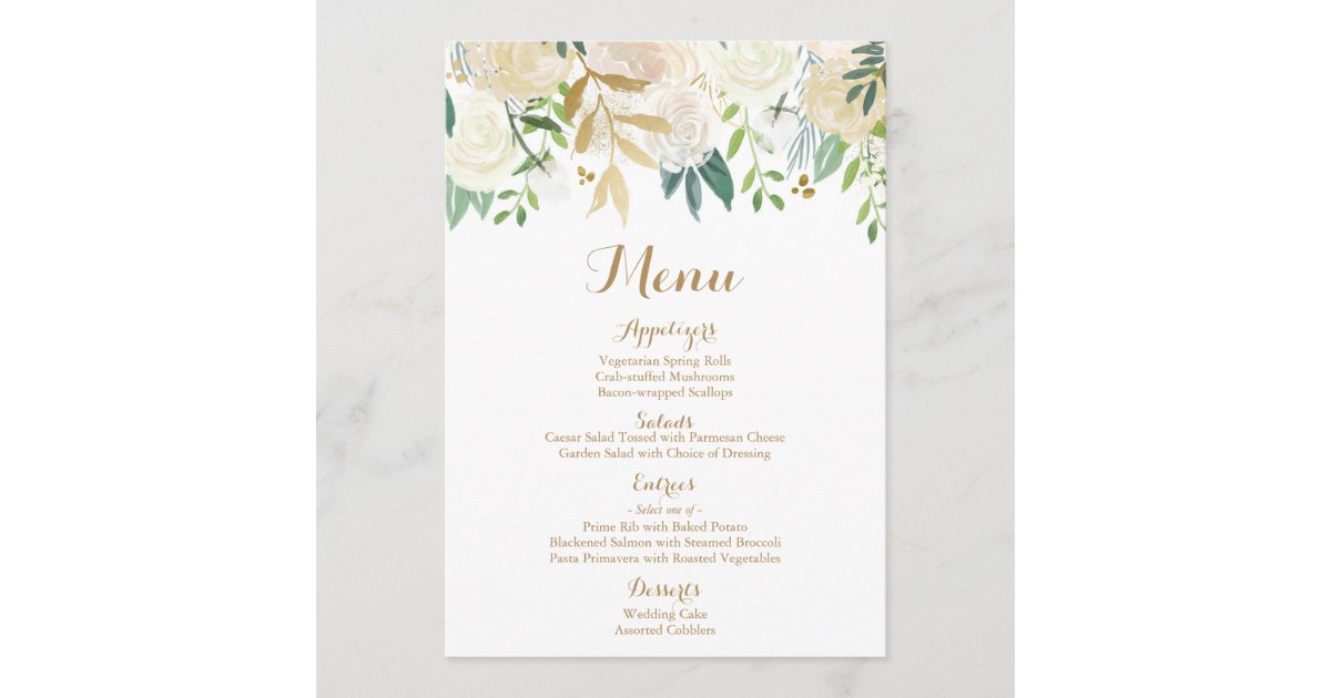 Gold and White Flower Wedding Menu Cards | Zazzle