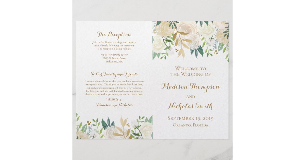 Gold and White Flower Wedding Program Booklets Flyer | Zazzle