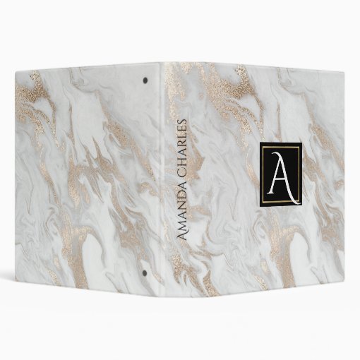 Gold and White Marbled Monogrammed Binder | Zazzle