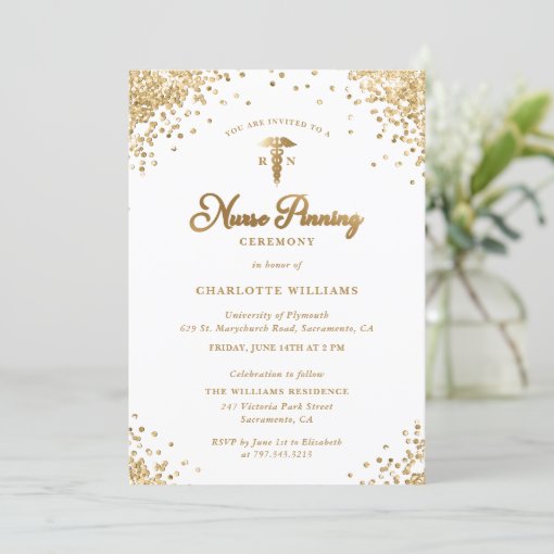 Gold and White Nurse Pinning Ceremony Photo Invitation | Zazzle