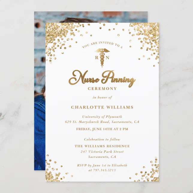 Gold and White Nurse Pinning Ceremony Photo Invitation | Zazzle
