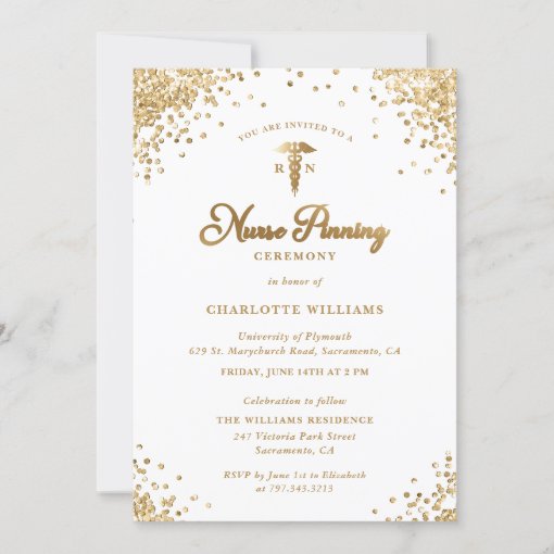 Gold and White Nurse Pinning Ceremony Photo Invitation | Zazzle