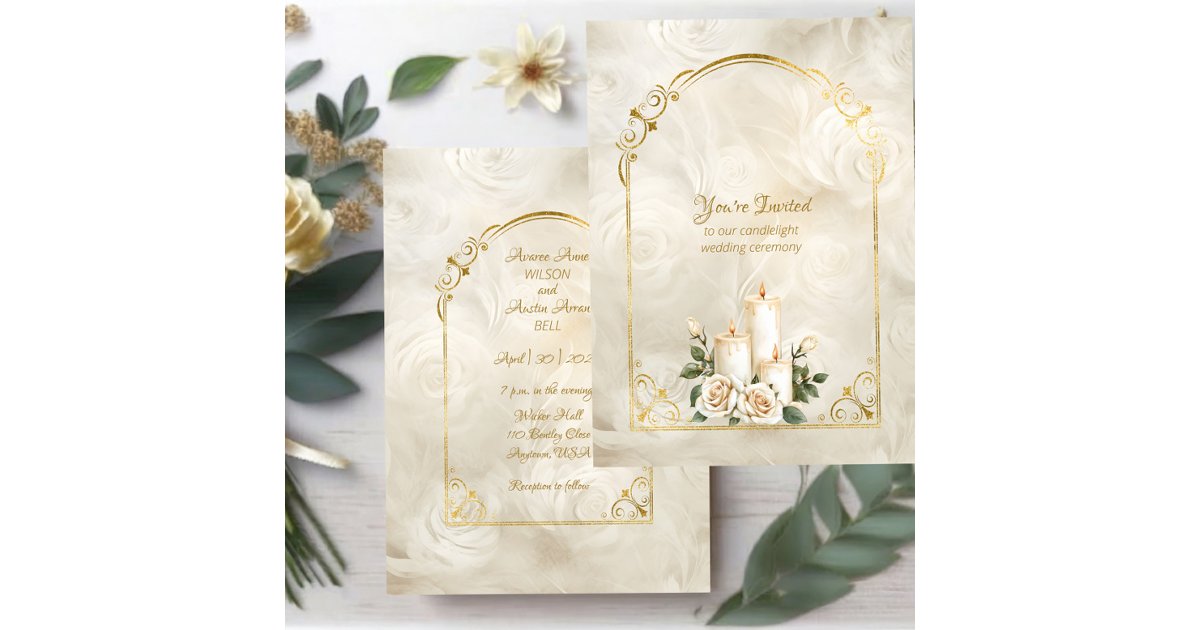 Gold and White Roses Arch Frame Candlelight Invitation | Zazzle
