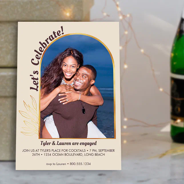 Gold Arch Lets Celebrate Photo Engagement Party Invitation | Zazzle