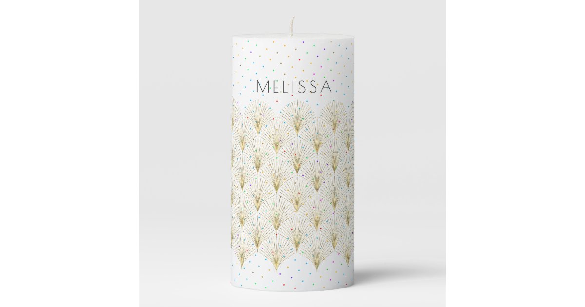 Gold Art-Deco & Colorful Dots Pattern Pillar Candle | Zazzle