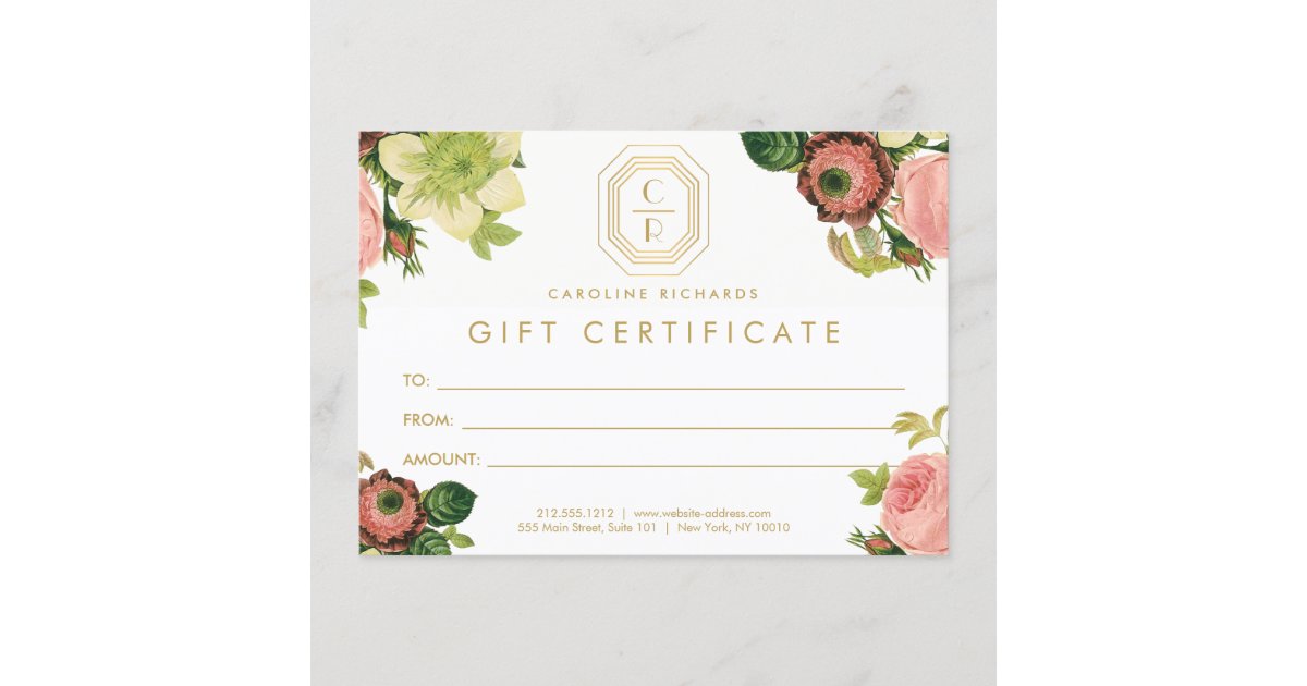 Gold Art Deco Monogram Vintage Florals Gift Card | Zazzle.com