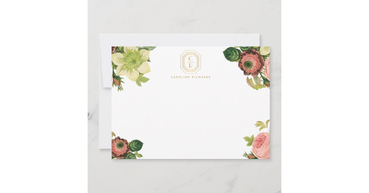 Gold Art Deco Monogram Vintage Florals Note Card | Zazzle