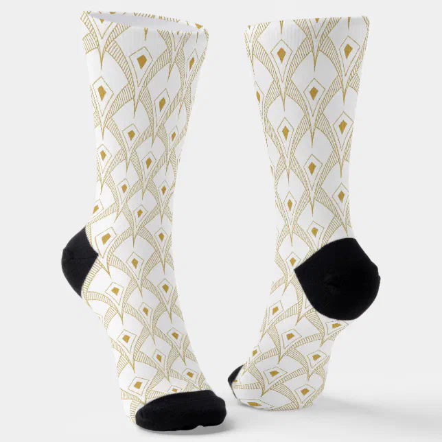 Gold Art Deco pattern on white background Socks | Zazzle