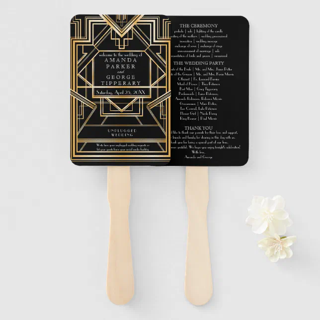 Gold Art Deco wedding program fan | Zazzle