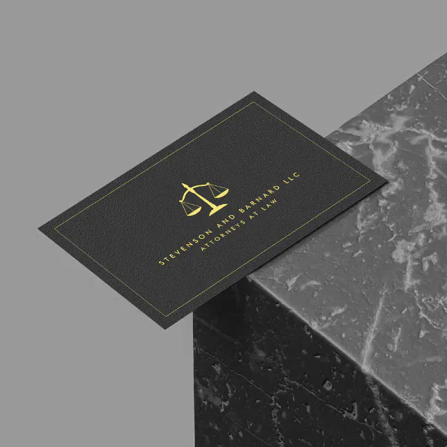 Gold Attorney Justice Scale Logo Black Leather Business Card | Zazzle
