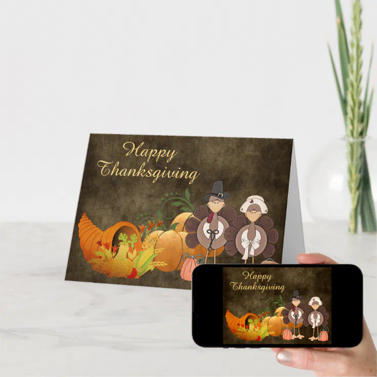 Gold Autumn Cute Turkey Couple Happy Thanksgiving Holiday Card | Zazzle