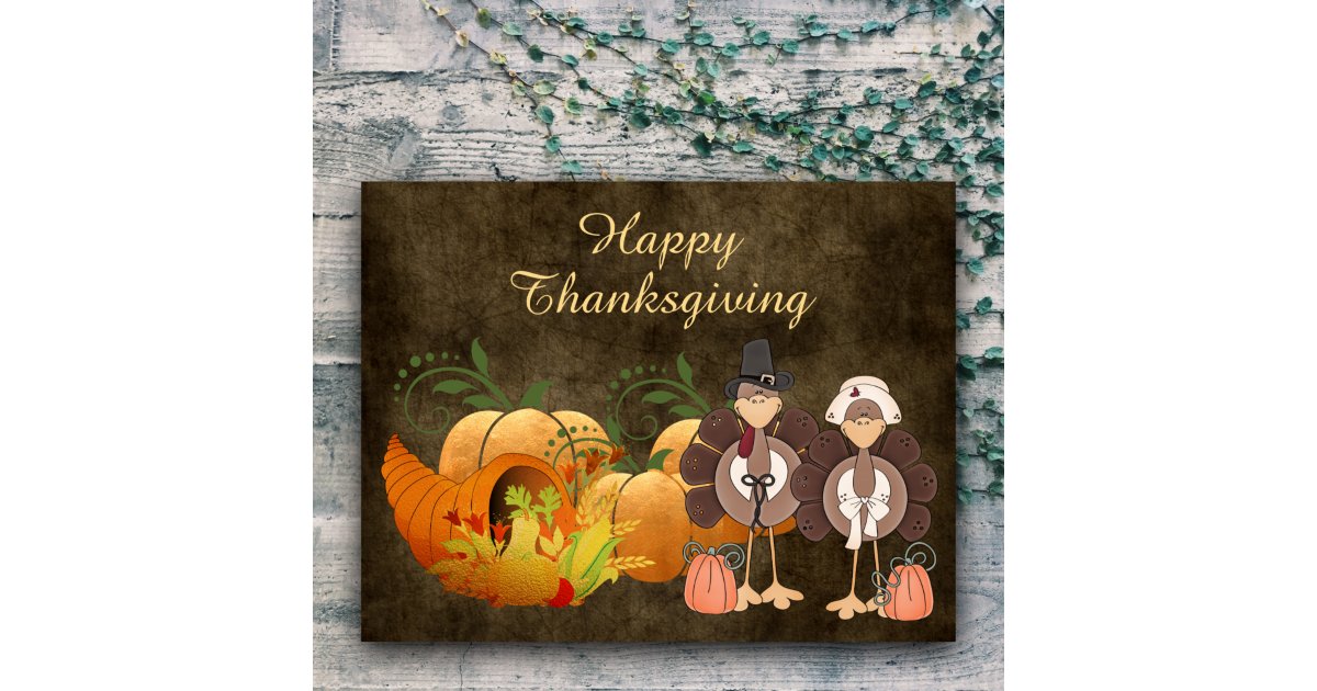 Gold Autumn Cute Turkey Couple Happy Thanksgiving Holiday Postcard | Zazzle