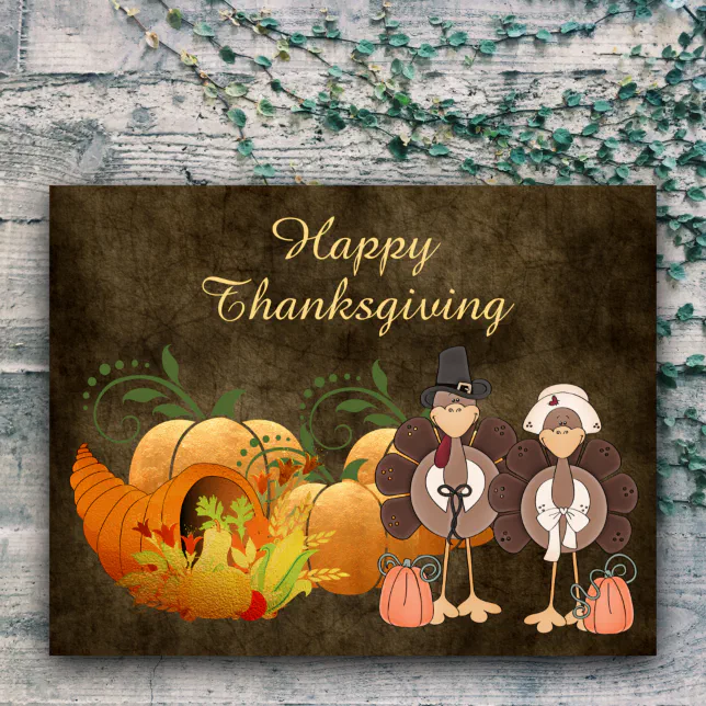 Gold Autumn Cute Turkey Couple Happy Thanksgiving Holiday Postcard | Zazzle