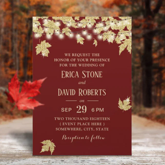 Gold Autumn Leaves Burgundy Red Fall Wedding Invitation | Zazzle